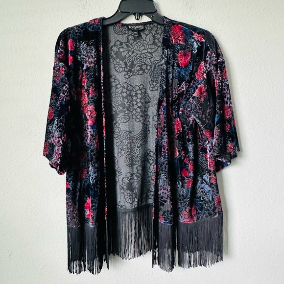 Topshop | Sweaters | Topshop Velvet Lace Open Front Fringe Cardigan ...